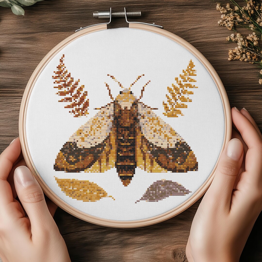 Moth and Fern Cross Stitch Pattern PDF – Nature Embroidery Design ...