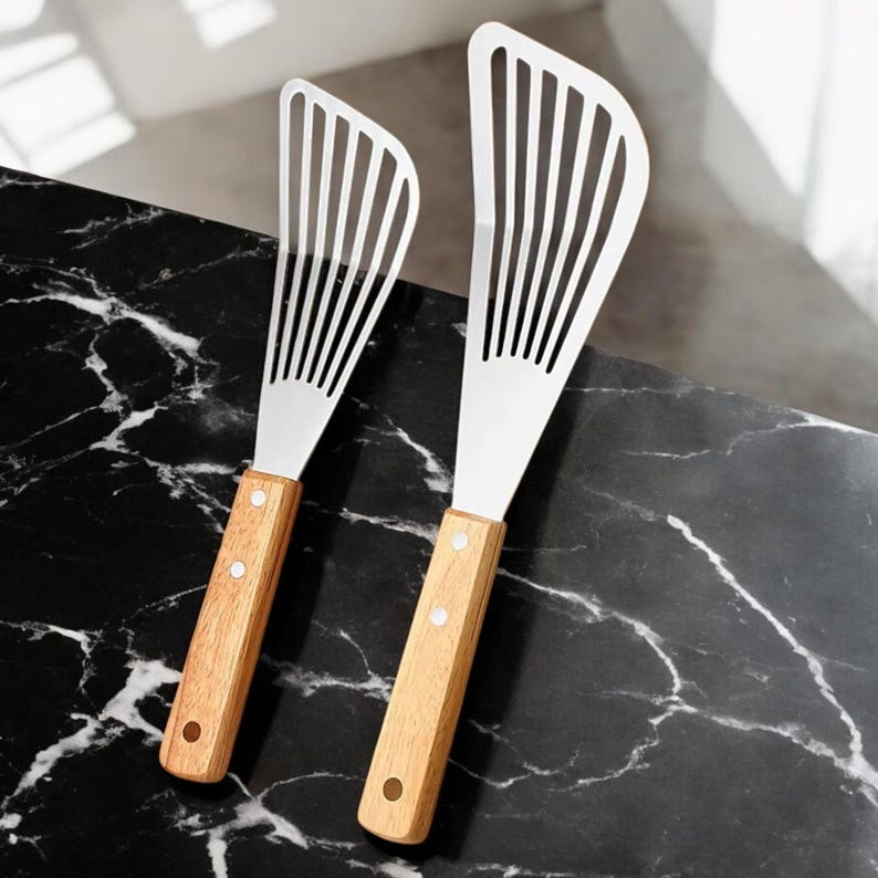 Stainless Steel Slotted Spatula: Wooden Handle Kitchen Turner - Etsy