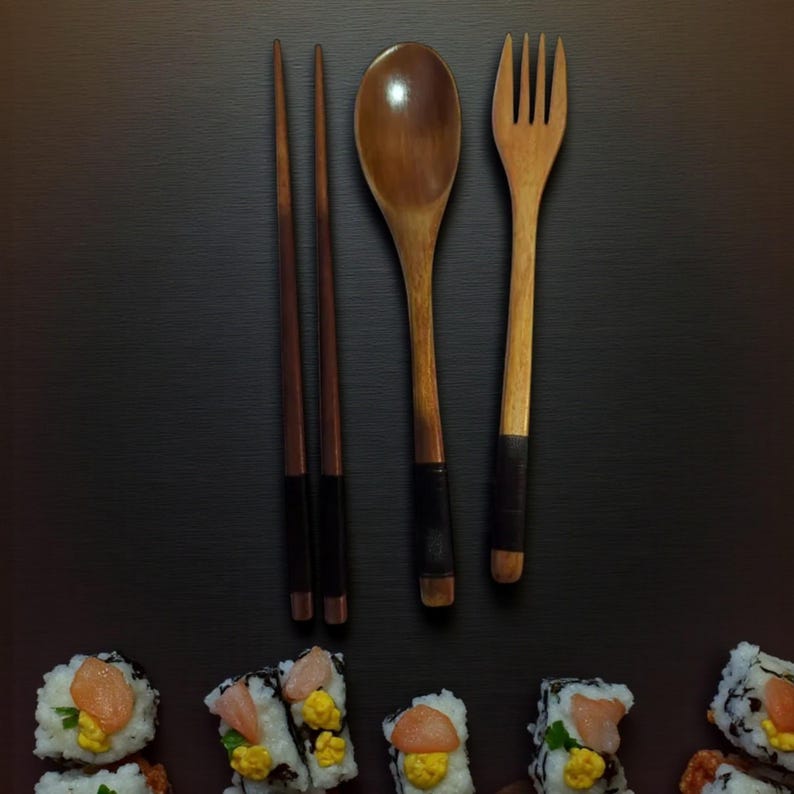 Wood Cutlery Set: Japanese Portable Tableware With Black Handle - Etsy