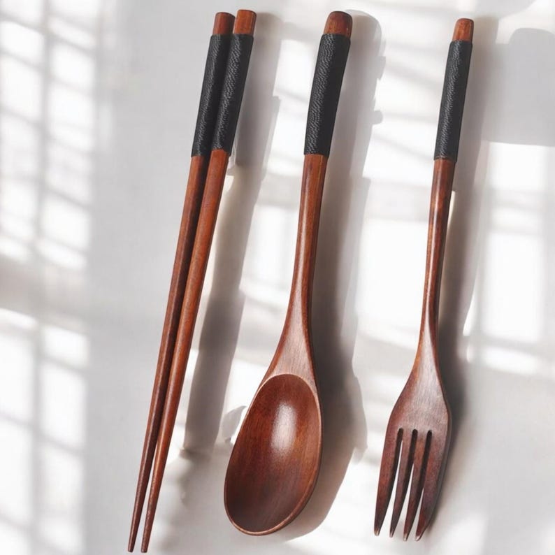 Wood Cutlery Set: Japanese Portable Tableware With Black Handle - Etsy