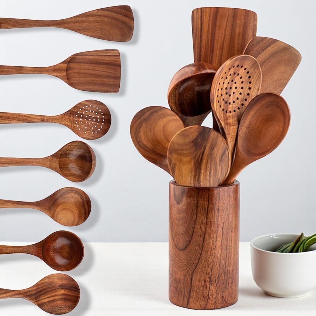 Rustic Wooden Cooking Utensil Set – Handmade Kitchen Tools With Holder ...