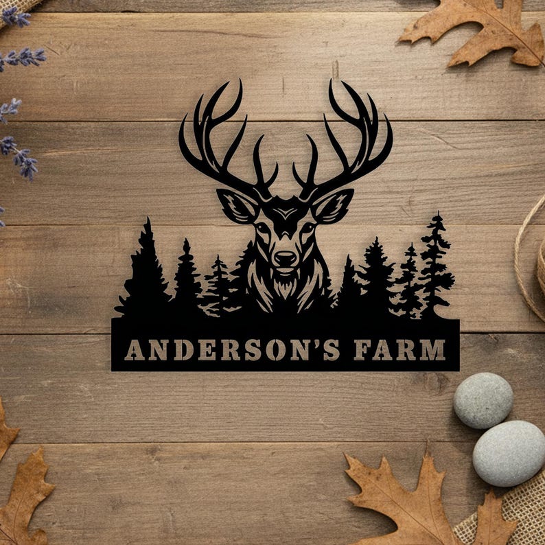 Custom Deer & Pine Tree Metal Farm Sign, Personalized Family Farm Decor ...