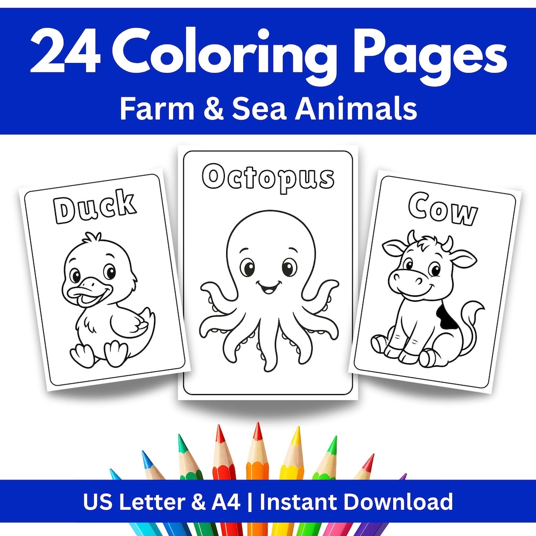 Farm & Sea Animal Coloring Pages Bundle for Kids – 24 Printable ...