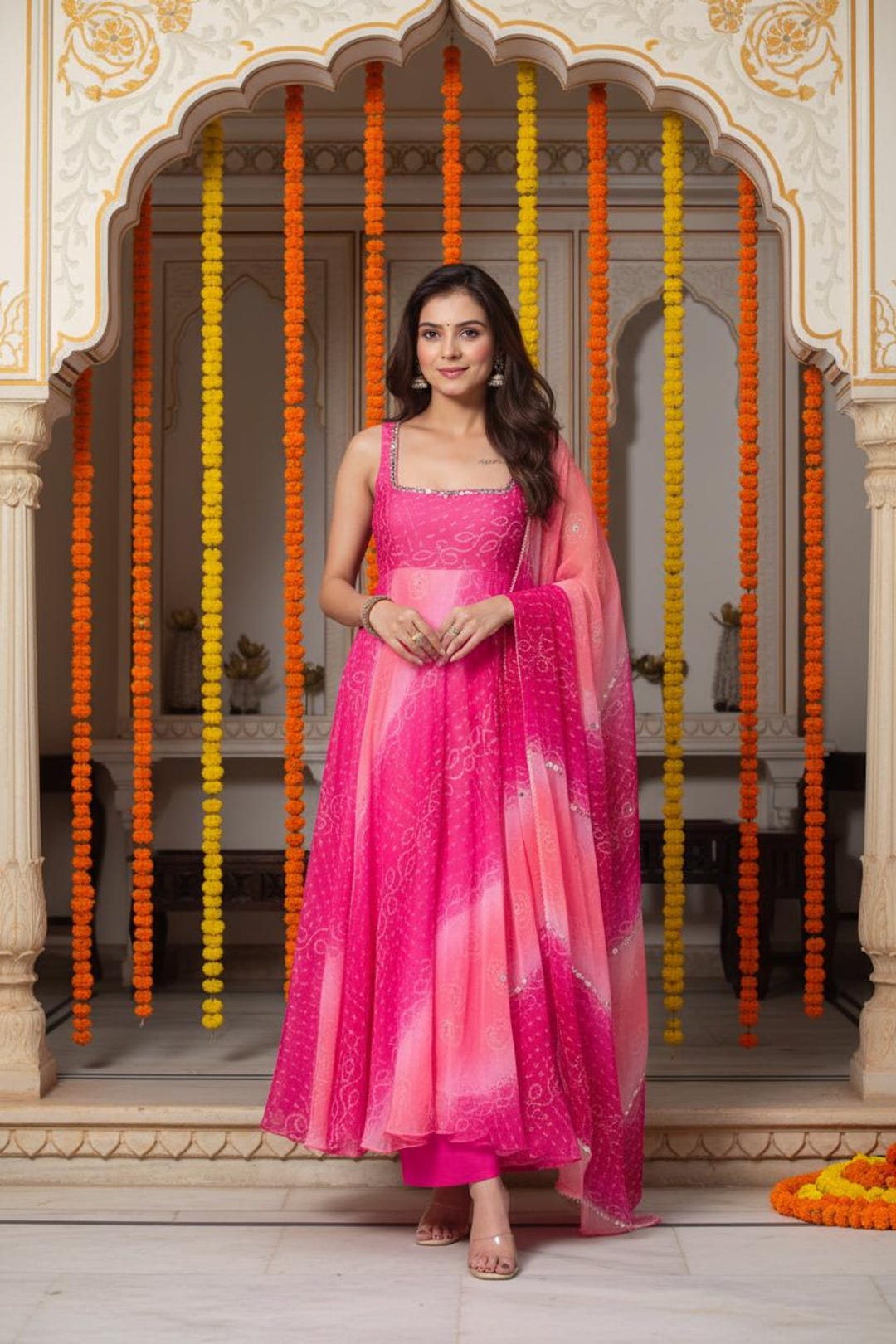 Buy Pink Bandhani Anarkali Suit for Women, Georgette Mirror Work ...