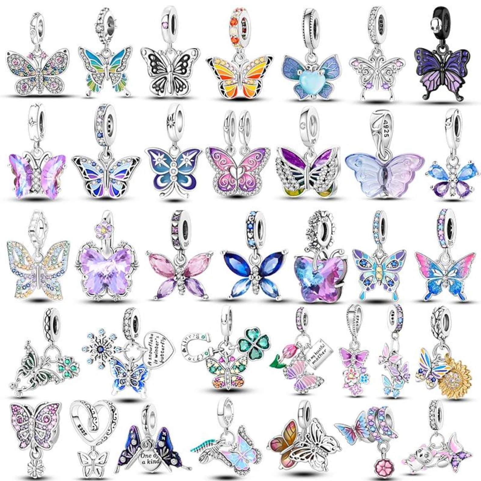 Butterfly Dangle Charm 925 Silver Pink Blue Zircon Fly Butterflies ...