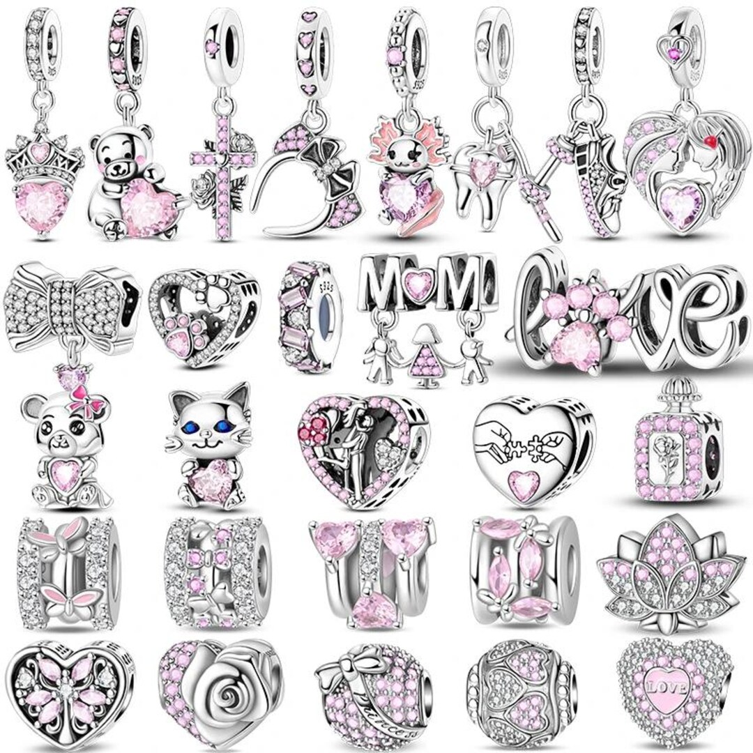 925 Sterling Silver Pink Charms Beads Butterfly Perfume Bottle Crown ...