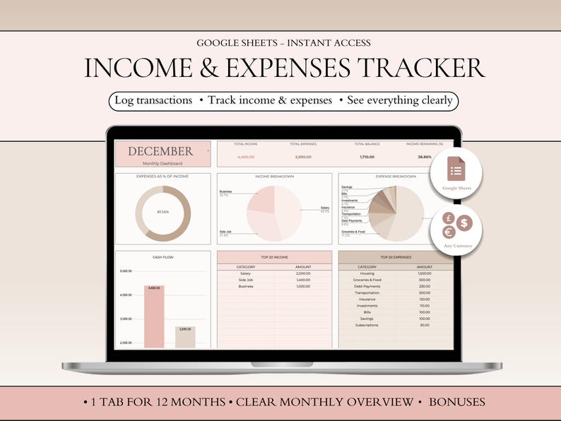 Income and Expense Tracker Spreadsheet Google Sheets, Personal Finance ...