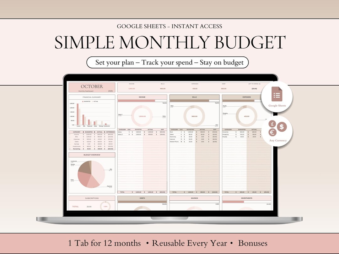 Monthly Budget Spreadsheet Google Sheets, Pink Template, Digital ...