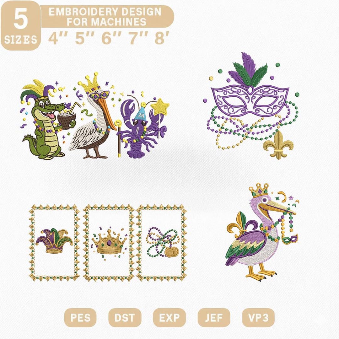Mardi Gras Embroidery Bundle, Carnival Mask Alligator Pelican Designs ...