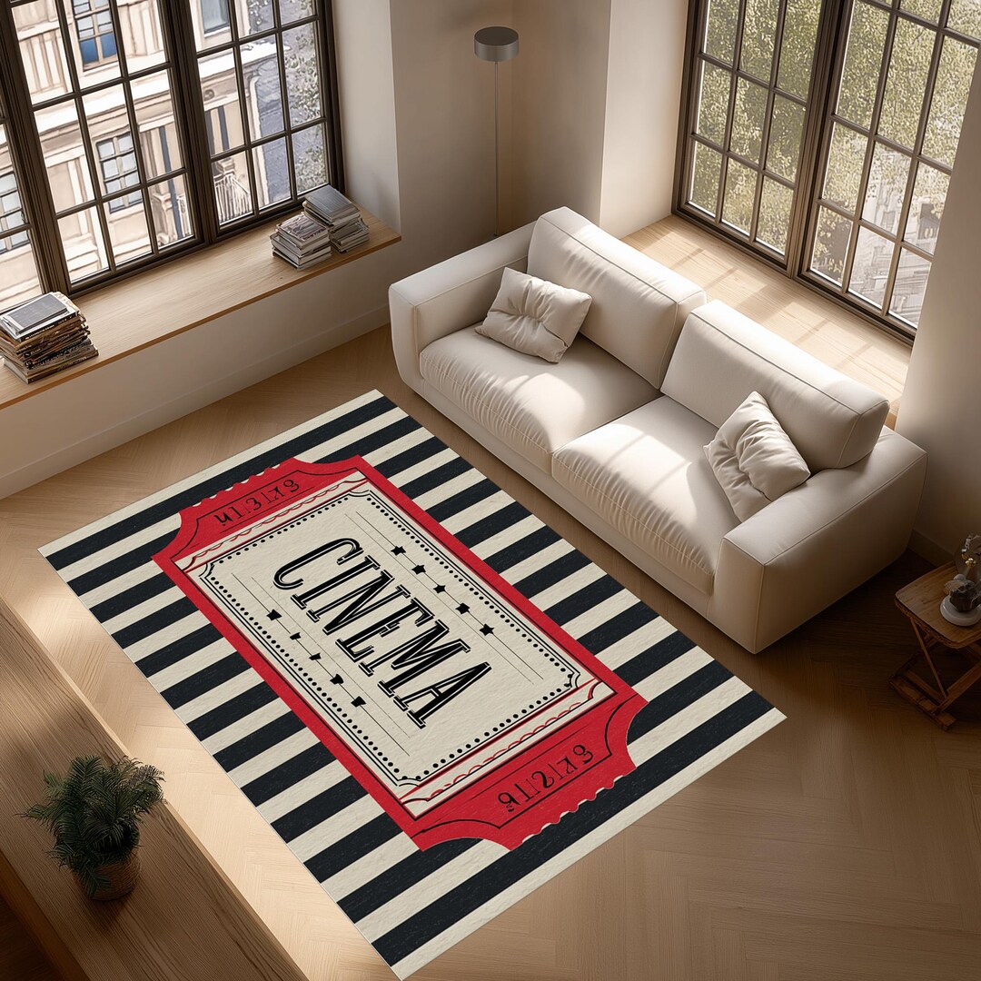 Cinema Ticket Rug: Red Black Striped Carpet, Retro Movie Design ...