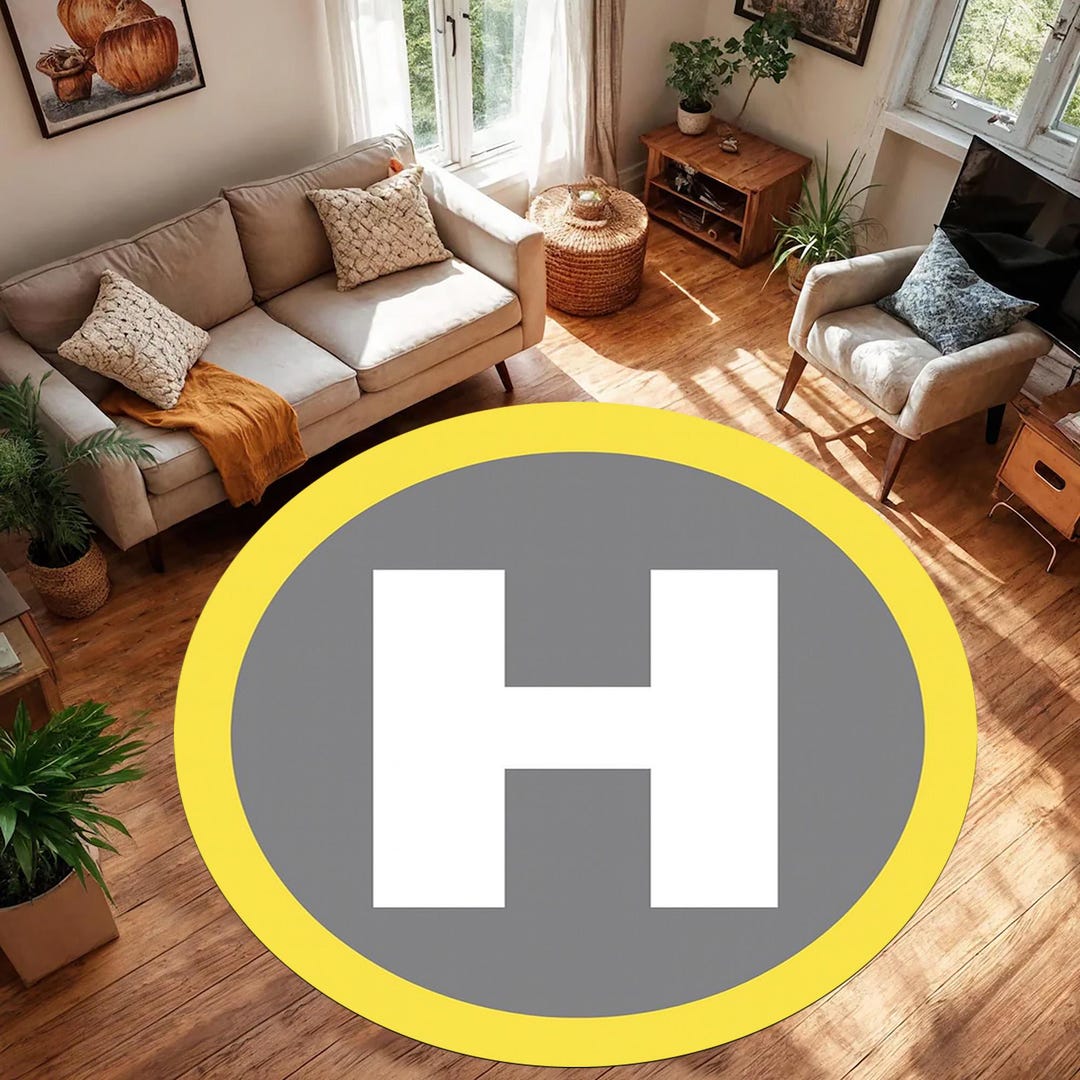 Helipad Symbol Round Rug: Gray Yellow Airfield Carpet, Bold H Landing ...