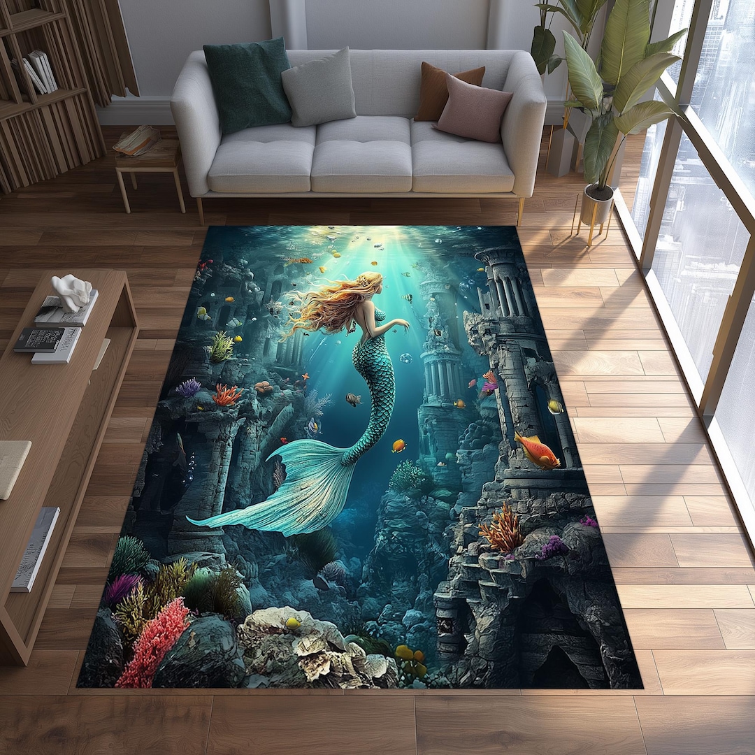 Mermaid Fantasy Rug: Teal Blue Underwater Carpet With Ocean Ruins Scene ...