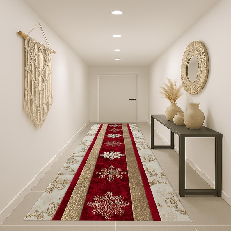 Snowflake Christmas Runner Rug: Red Gold Holiday Design, Elegant Winter ...
