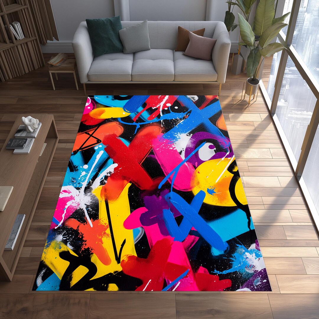 Graffiti Abstract Rug: Color Splash Street Art Carpet, Neon Urban ...