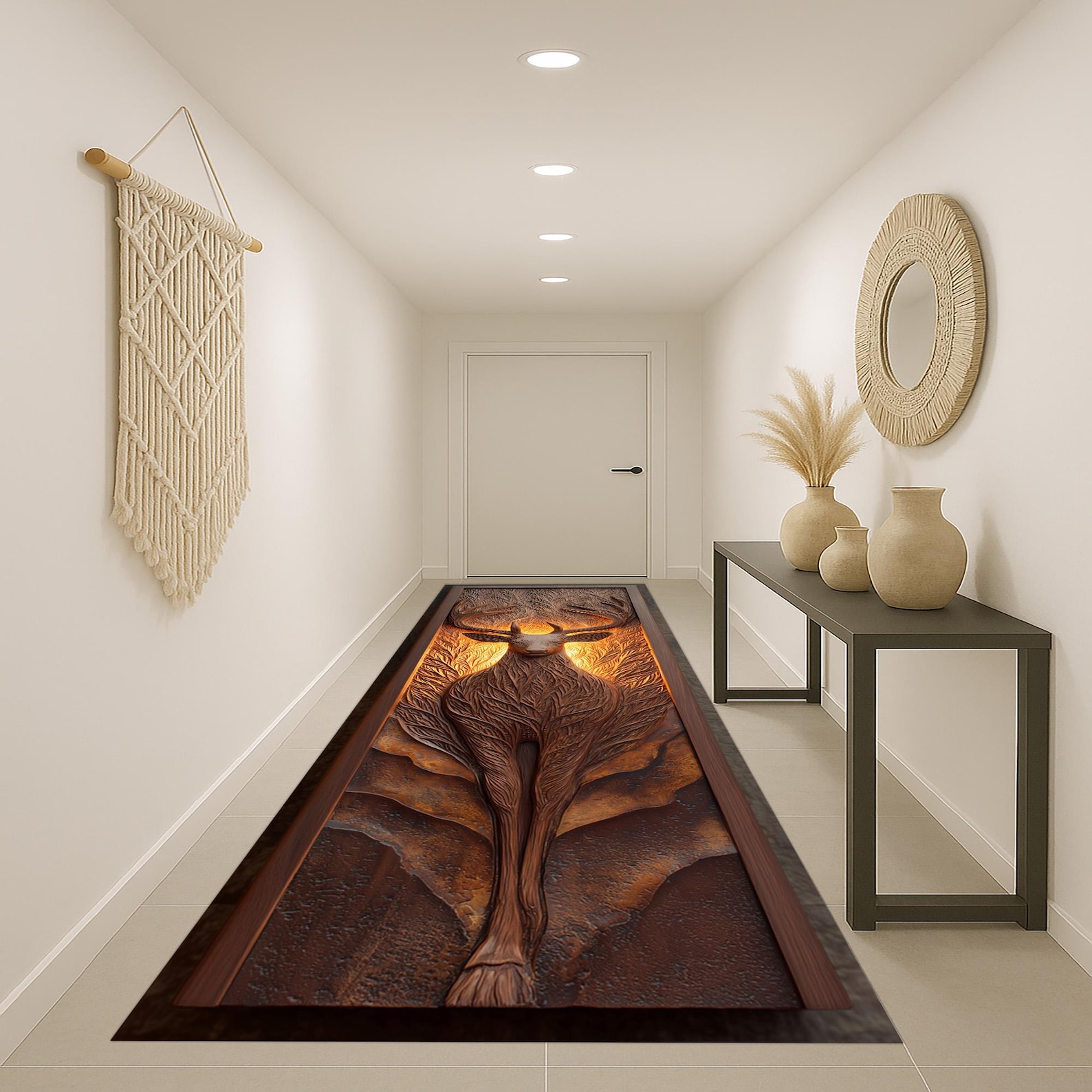 Carved Deer Runner Rug: Printed Wooden Relief Forest Light Design ...