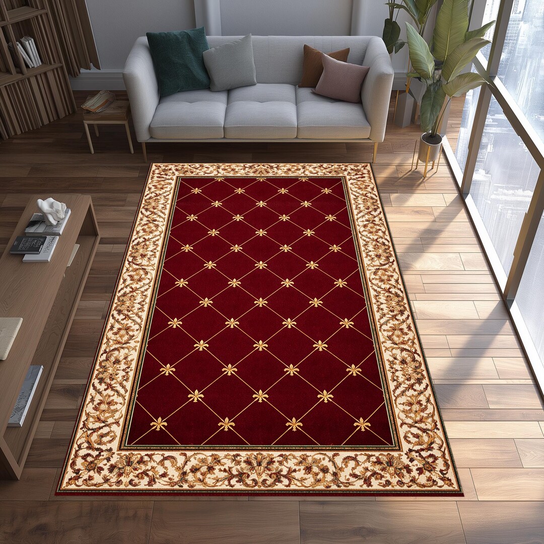 Royal Burgundy Classic Rug: Elegant Diamond Pattern Gold Accents Ornate ...