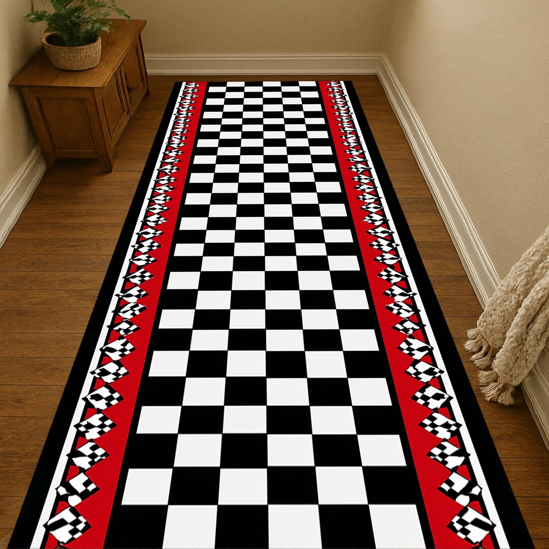 Racing Checkered Runner Rug: Red Black Pattern Carpet, Motorsport Style ...