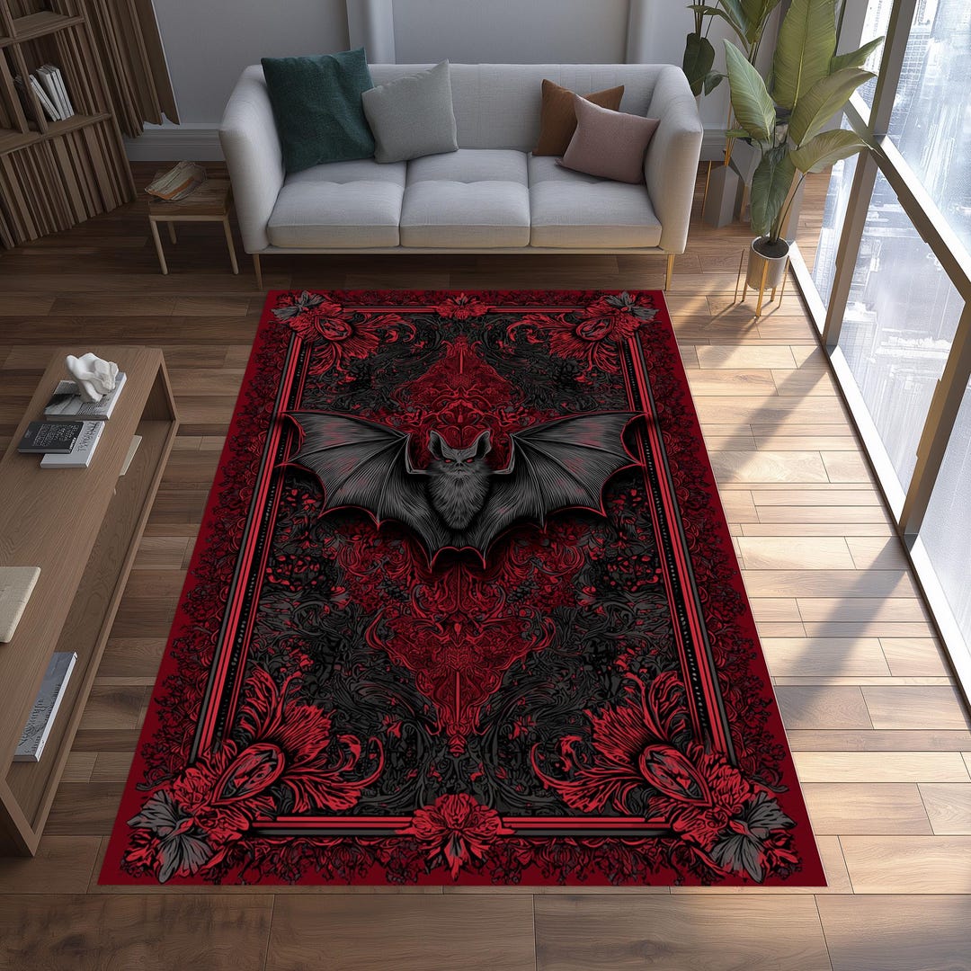 Gothic Bat Rug: Red Black Baroque Design, Dark Vampire Theme, Horror ...