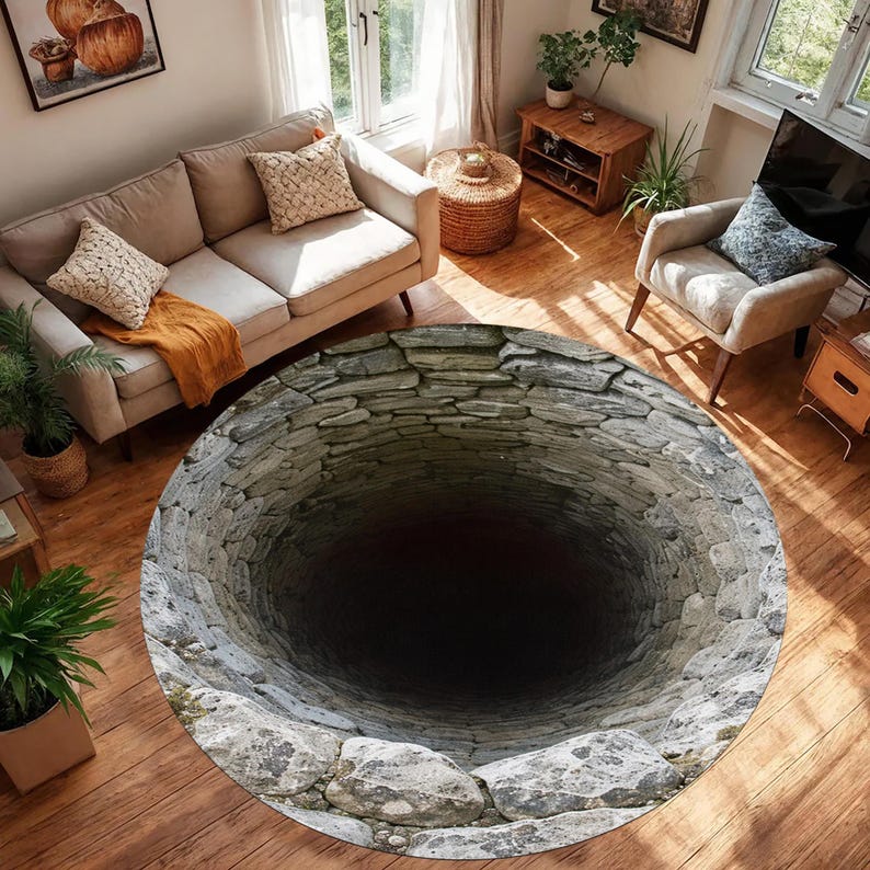 Stone Well Round Rug: 3D Optical Illusion Rock Texture Dark Fantasy ...