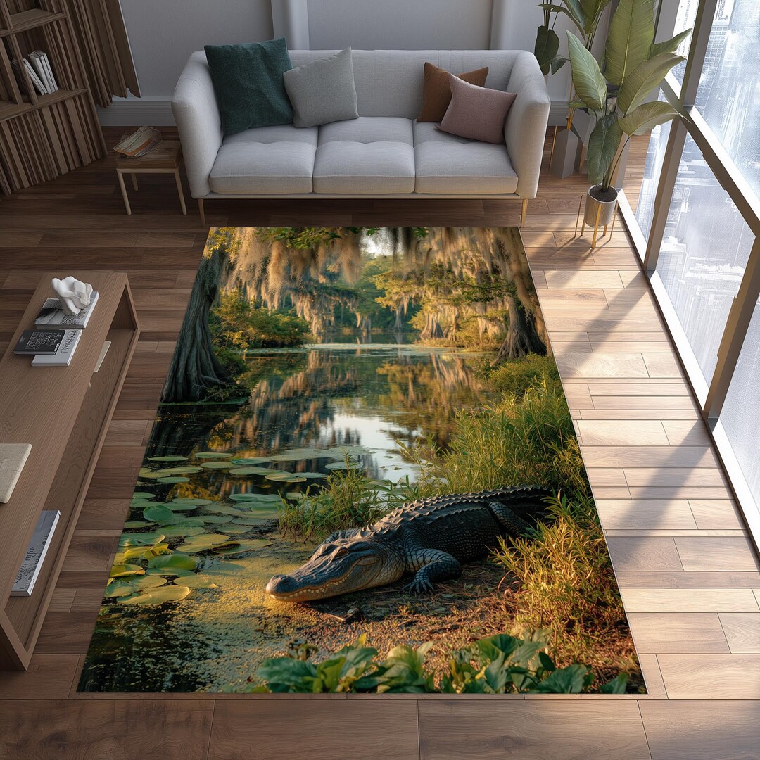 Swamp Alligator Rug: Bayou Forest Design, Green Marsh Pattern, Wildlife ...