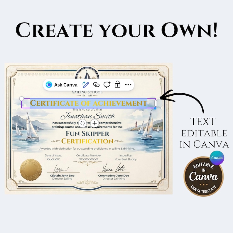 Editable Sailing Certificate Canva Template | Sailor Gift | Boat ...