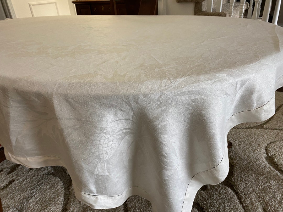 Antique Vintage Beautiful Cream Irish Linen Damask Tablecloth Floral ...