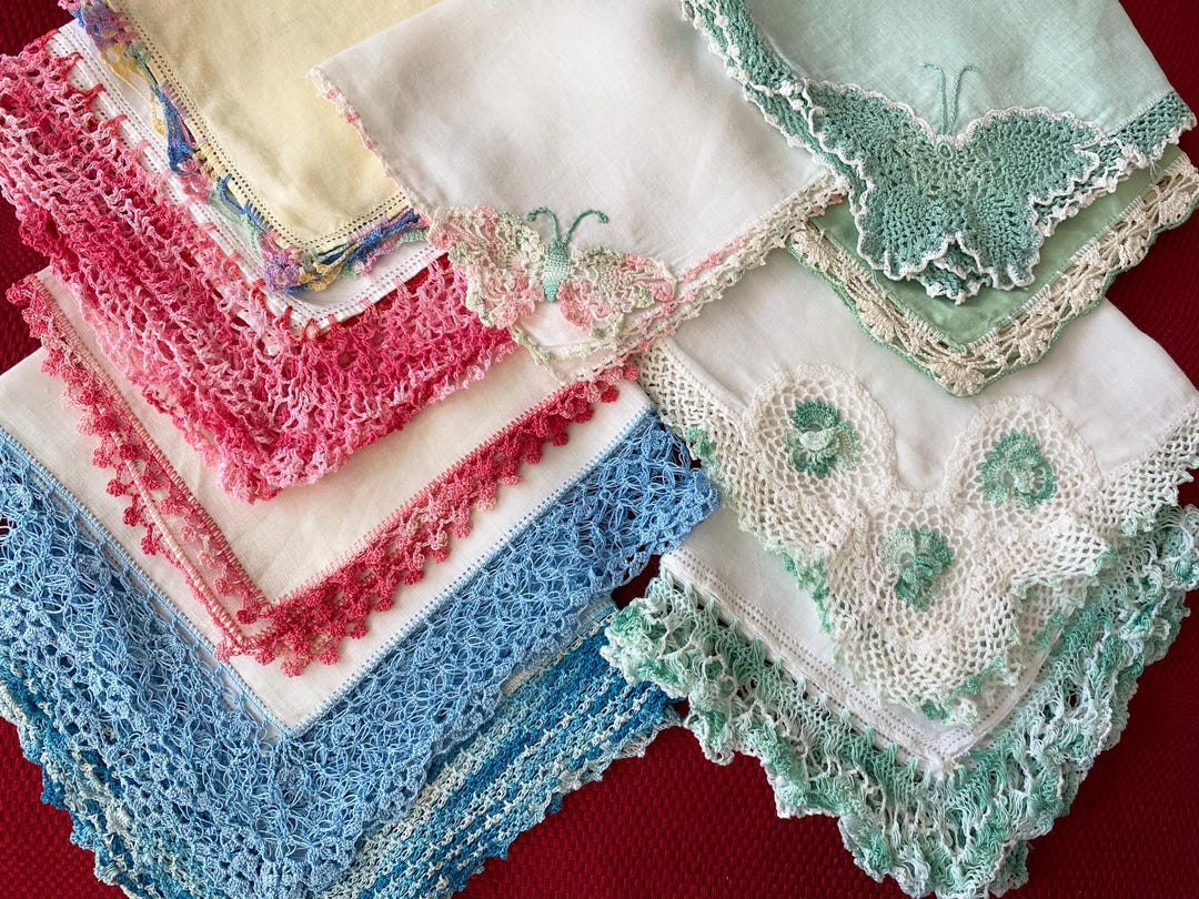 10 Vintage Linen Hand Crochet Handkerchiefs Hankies Hanky White Pastel With Crocheted Tatted ...