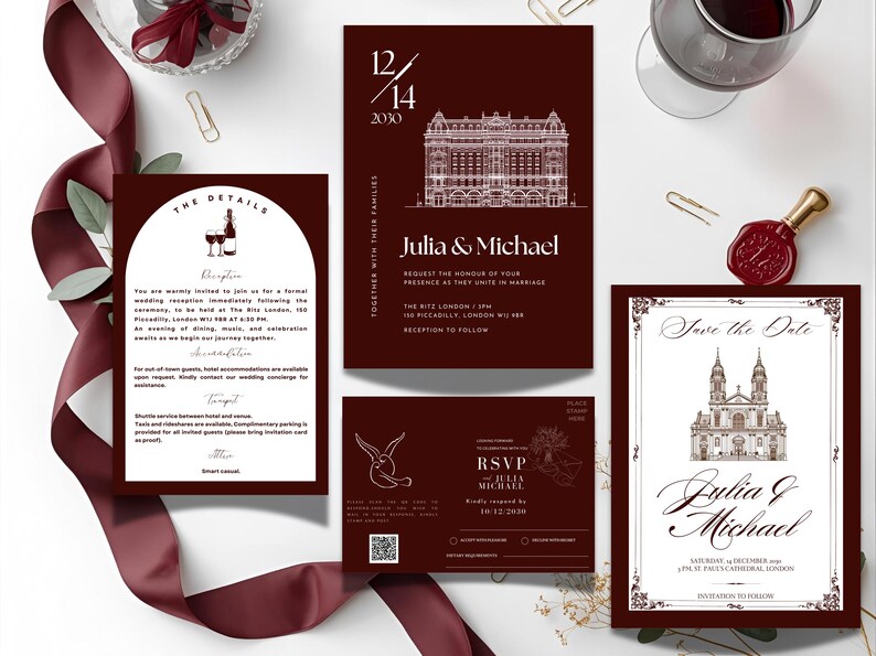 Modern Burgundy Wedding Invitation Suite Template, Elegant Minimalist ...