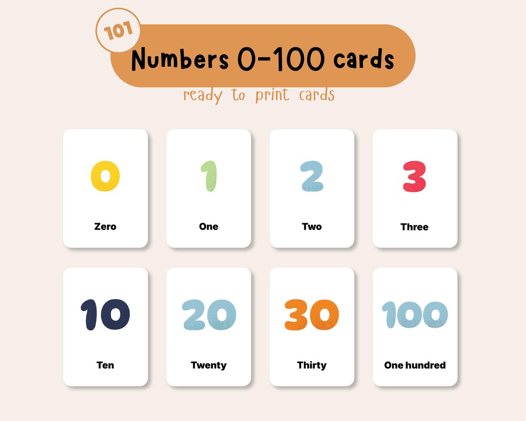 BIG NUMBERS Flashcards Printable: 101 Counting Flashcards, Montessori ...