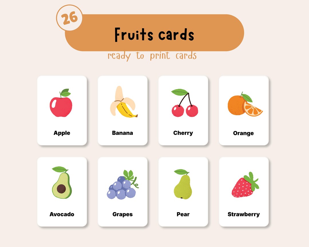 FRUITS Learning Flashcards for Kids: 26 Toddler Preschool Educational ...