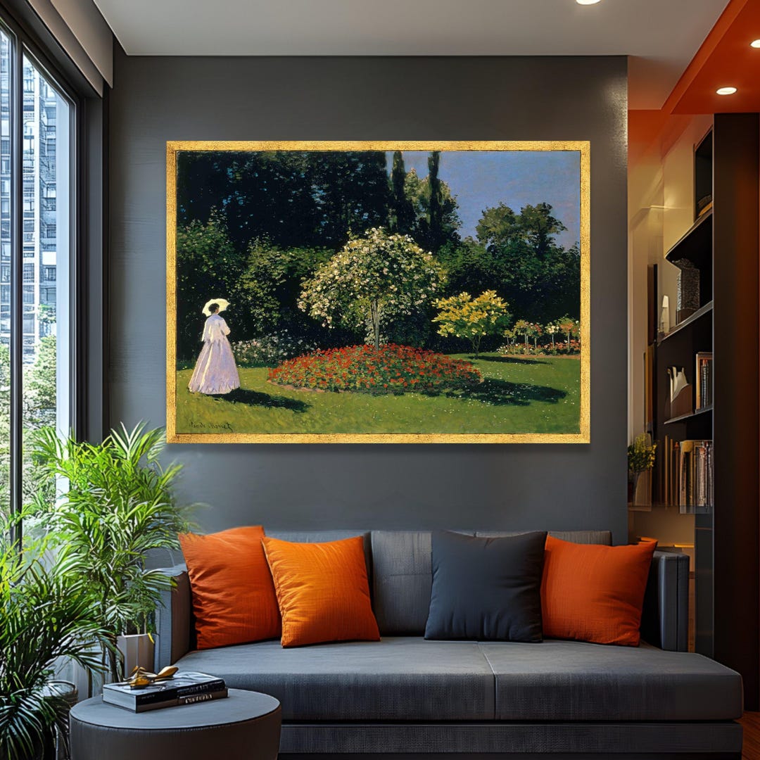 Monet Style Garden Scene Canvas, Impressionist Woman in White Dress - Etsy