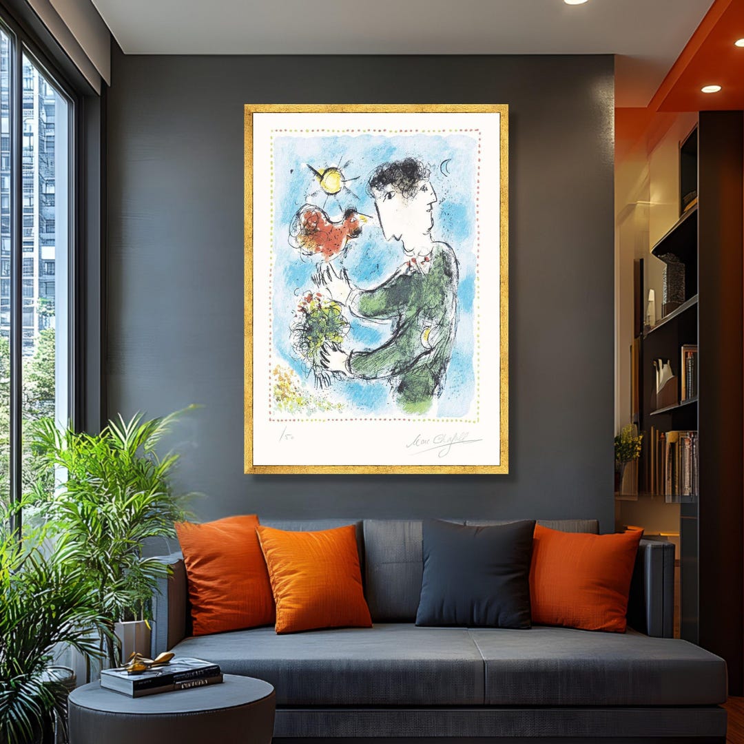 Marc Chagall Canvas Print, Whimsical Man With Bird, Colorful Modern Art ...
