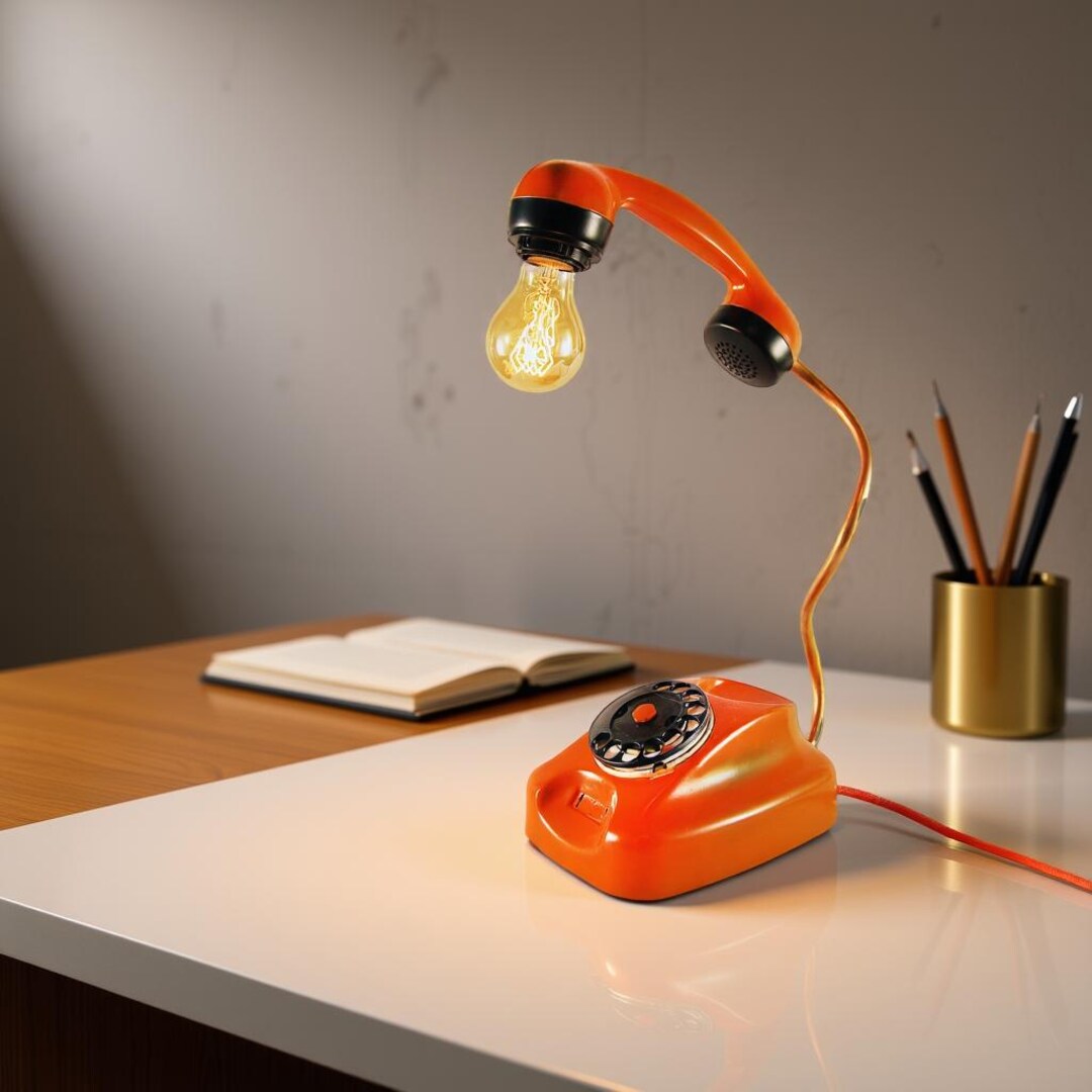 Retro Telephone Desk Lamp: Orange Upcycled Vintage Decor - Etsy