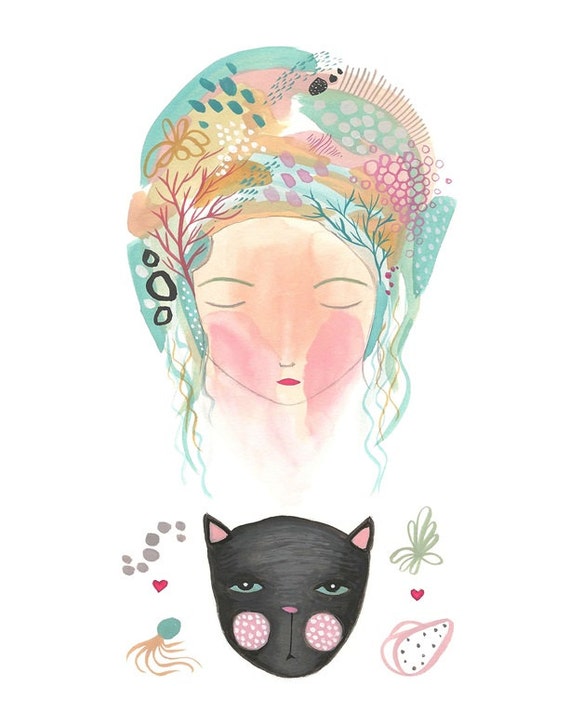 Cat lady print black cat art cute cat illustration | Etsy