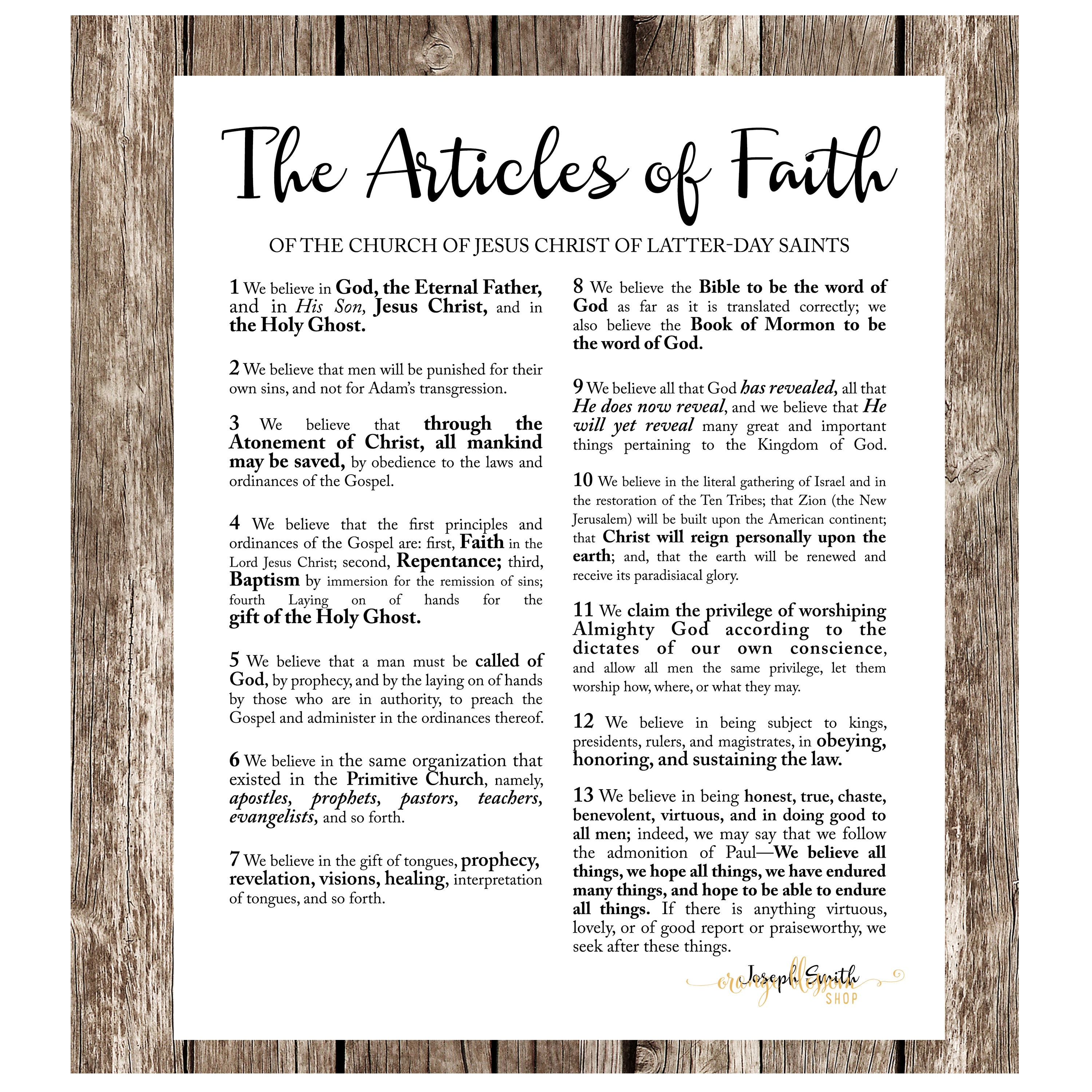 LDS Articles of Faith, Digital File 18x24, 16x20, 11x14, 8x10, LDS ...