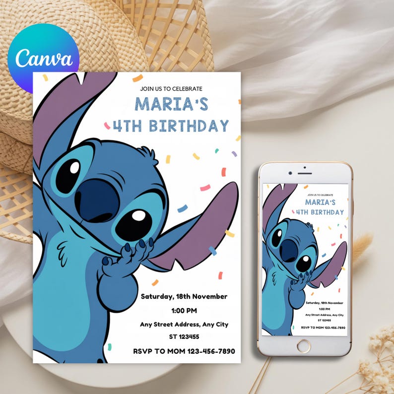 Editable Stitch Birthday Invitation, Editable & Printable Template ...