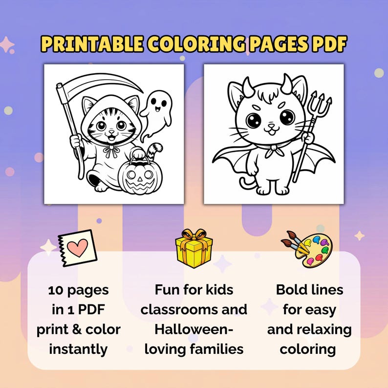 Spooky Cats Halloween Coloring Pages: Cute Cat Coloring Sheets, Bold ...