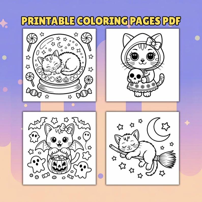 Spooky Cats Halloween Coloring Pages: Cute Cat Coloring Sheets, Bold ...