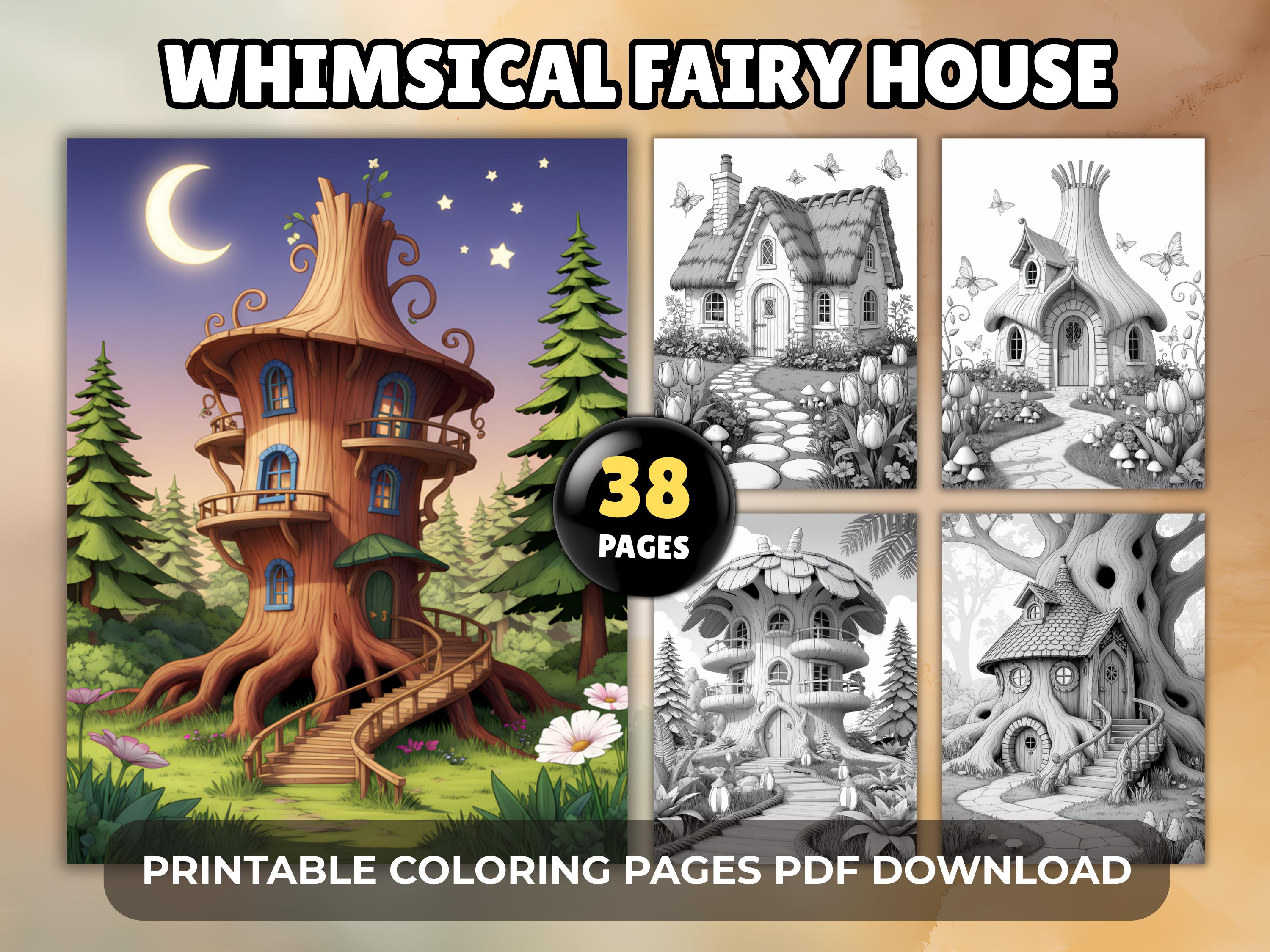 Fairy House Grayscale Coloring Pages: 38 Whimsical Fantasy Home ...