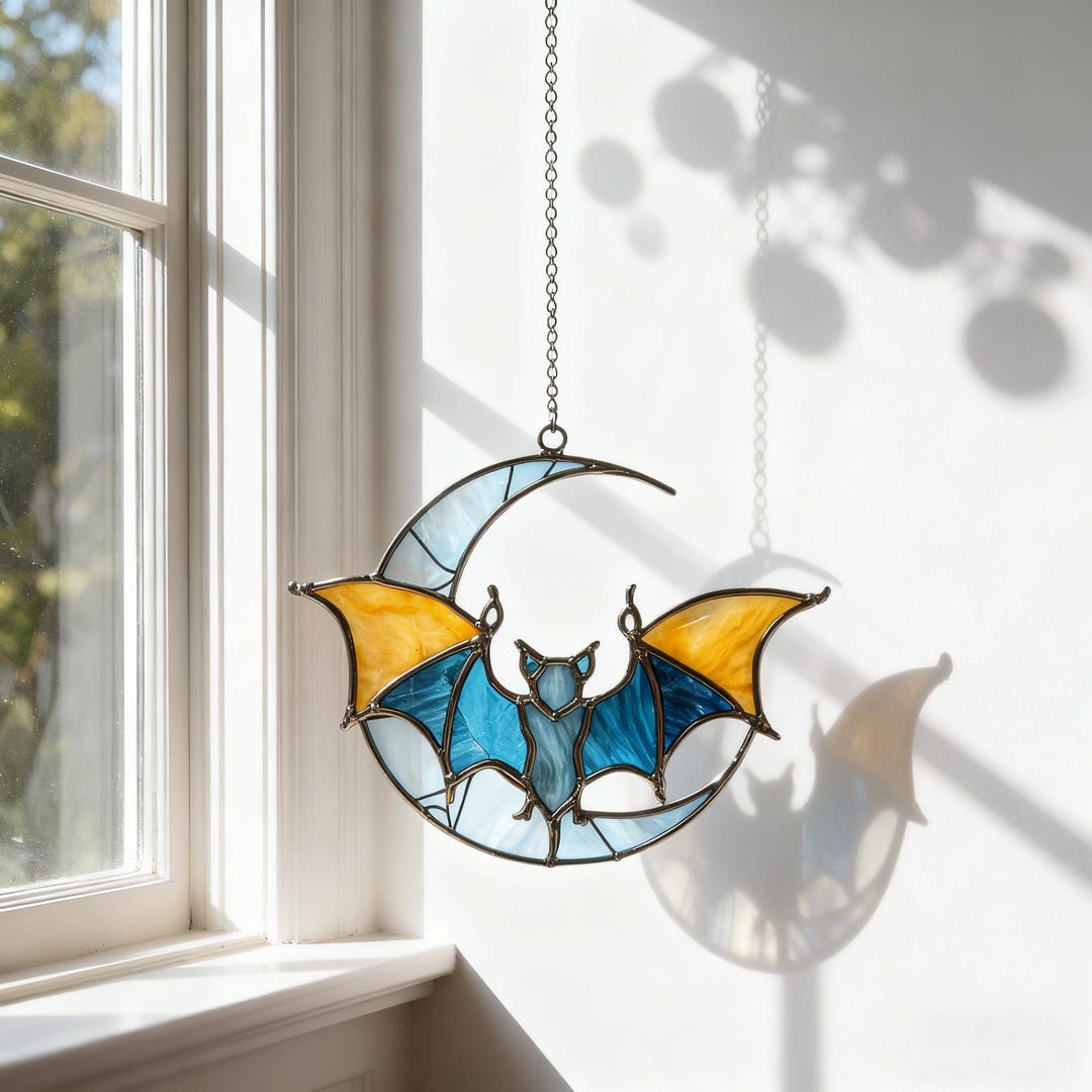 Halloween Stained Glass Bat Suncatcher｜gothic Bat on the Moon Stained ...