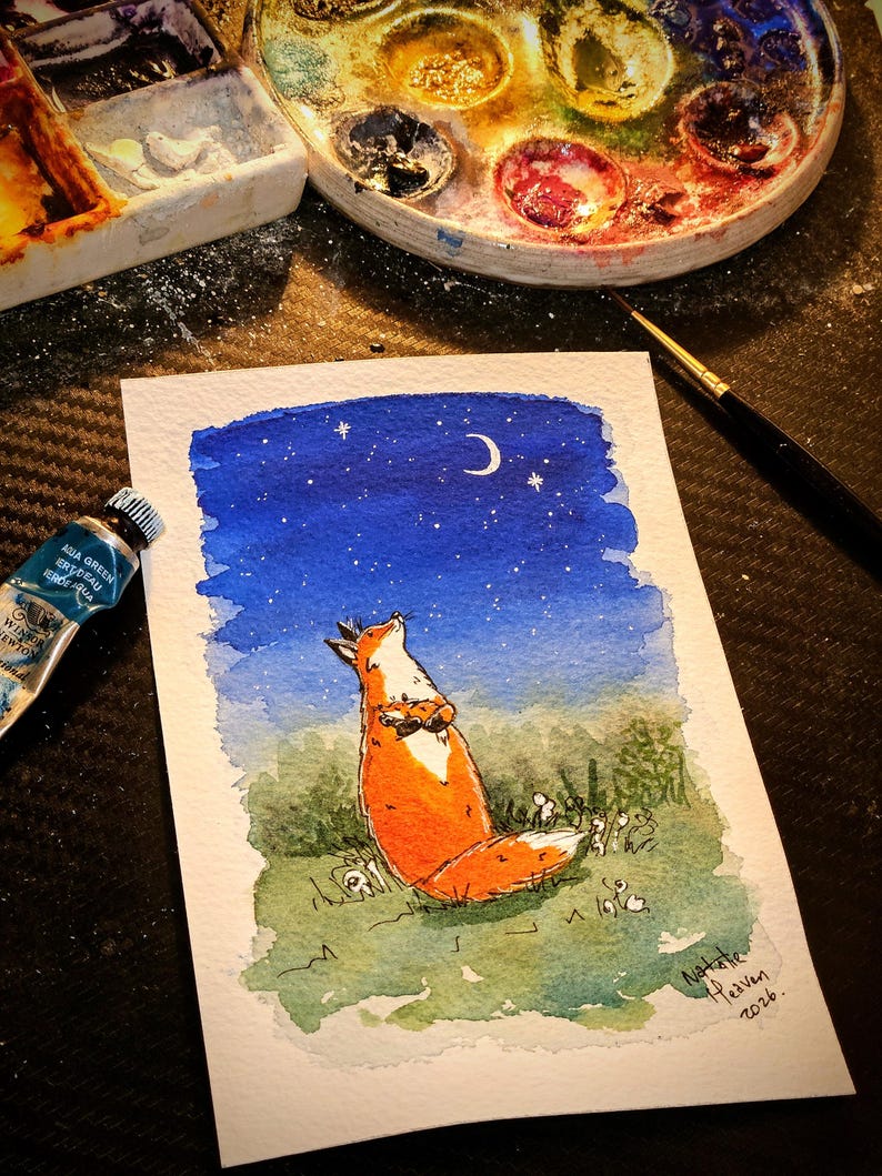 Fox Family Moon Watercolour Painting – Woodland Nursery Art (4x6 Inch ...