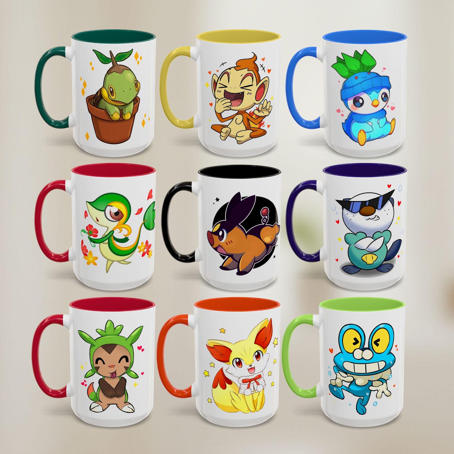 The Starters Pokemon Mug 15oz, Cute Anime Coffee Cup, Fire Water Grass ...