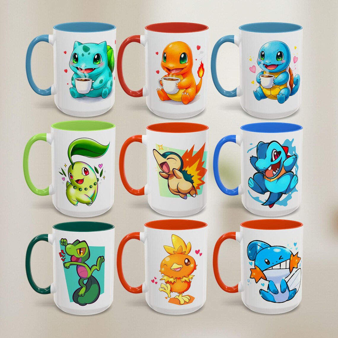 The Starters Pokemon Mug 15oz, Cute Anime Coffee Cup, Fire Water Grass ...