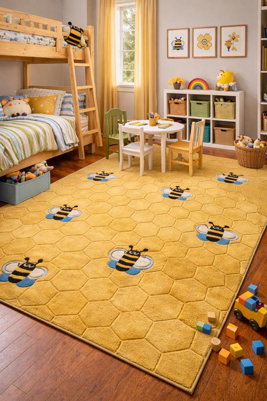 Hand Tufted Honey Bee Rug – Wool Kids Room Carpet With Honeycomb Design ...