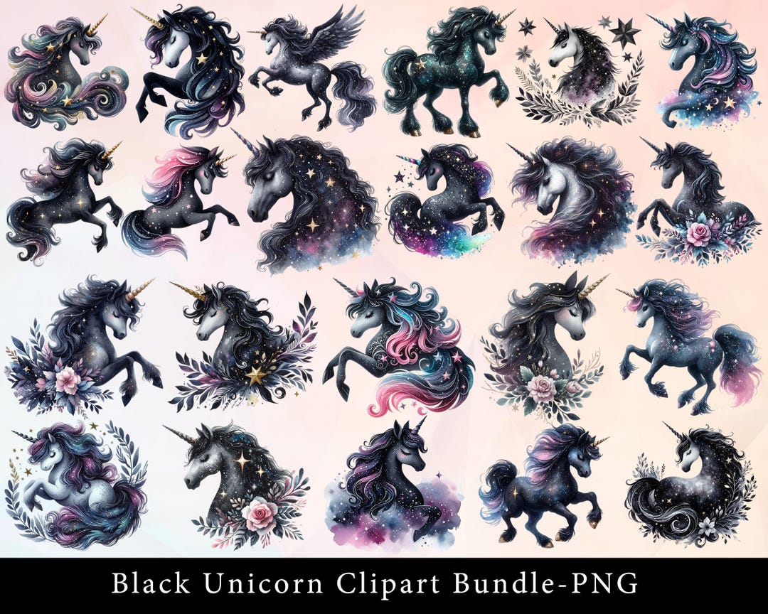Black Unicorn Clipart Bundle | Magical Dark Unicorn PNG | Fantasy Horse ...
