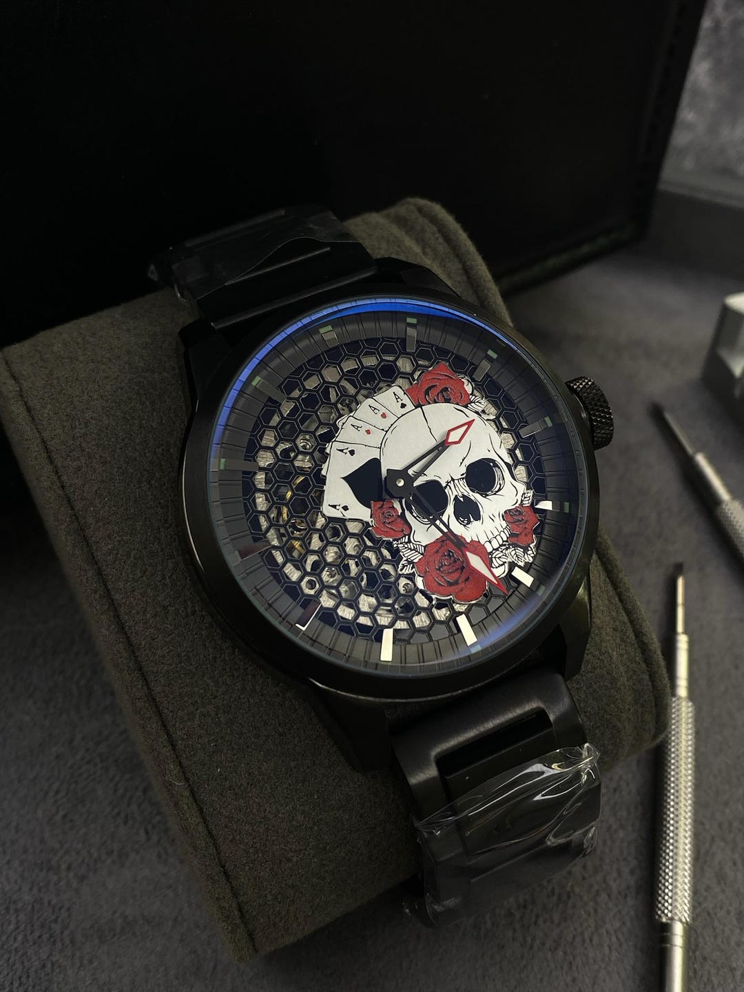 Custom Skull Watch With Roses Dial – Automatic, Sapphire Crystal - Etsy