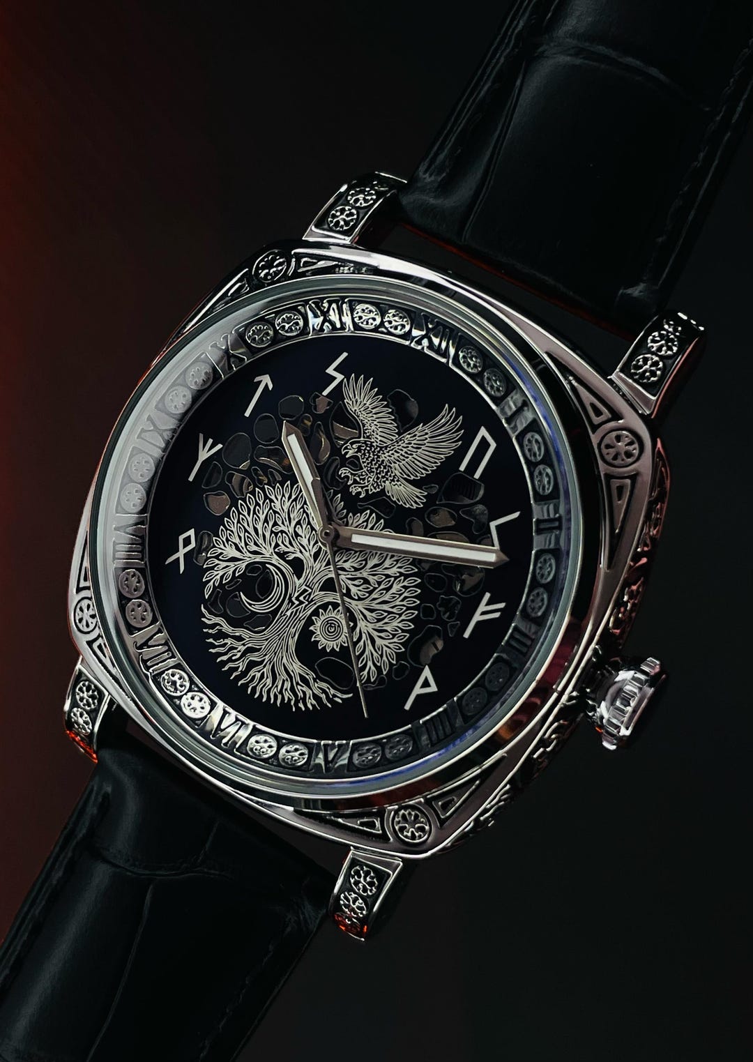 Tree of Life Custom Watch - Viking Rune Engraved Mechanical Watch - Men ...