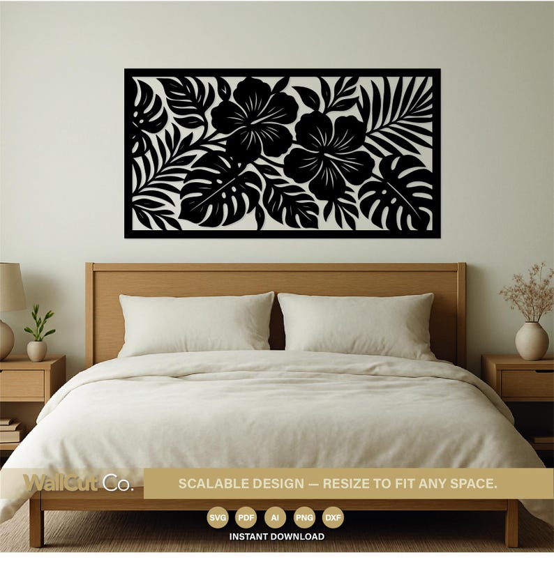Tropical Floral Panel SVG DXF | Botanical Leaves & Hibiscus | CNC Cut ...
