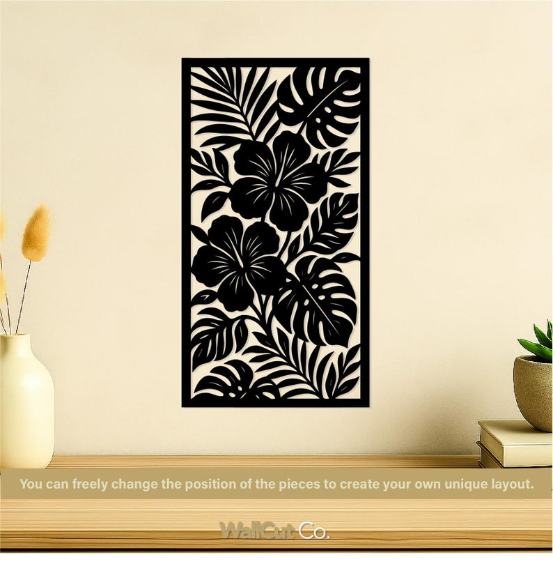 Tropical Floral Panel SVG DXF | Botanical Leaves & Hibiscus | CNC Cut ...
