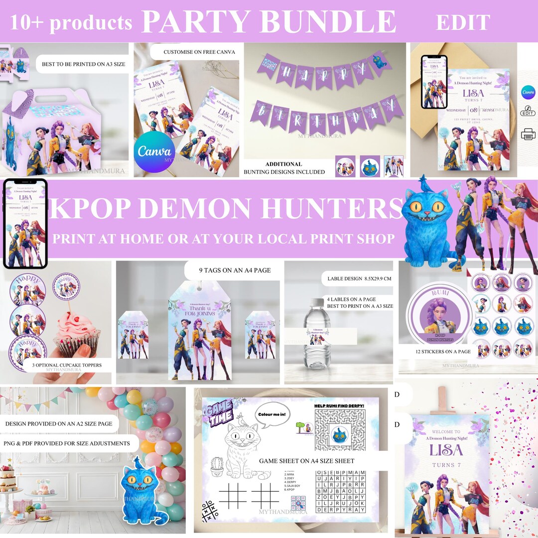 Kpop Demon Hunters Birthday Bundle, Editable Invitation Bundle Template ...